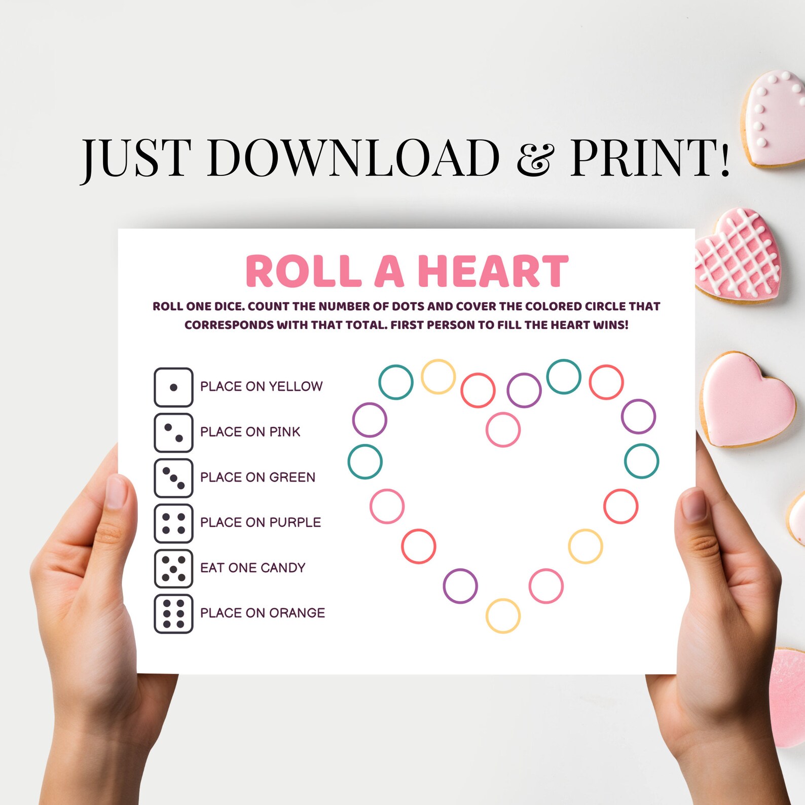 Valentine’s Roll-a-heart Game Printable, Valentine Party Game, School ...