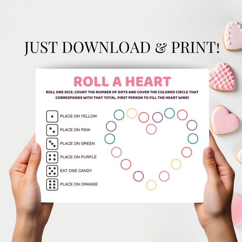 Valentine’s Roll-a-heart Game Printable, Valentine Party Game, School ...