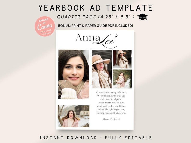 Quarter Page High School Yearbook Ad Template, Editable Senior ...