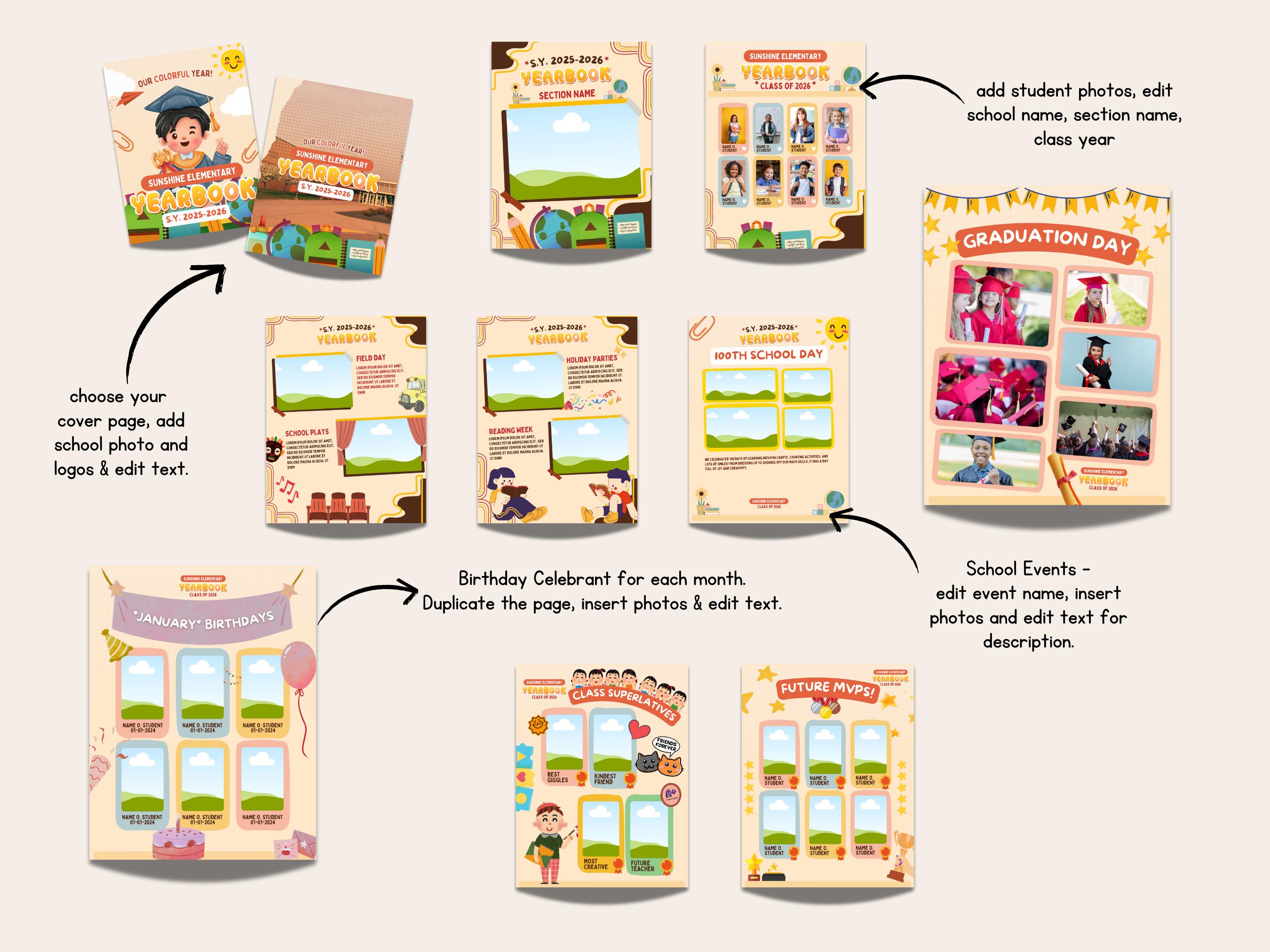 Elementary Yearbook Template, Editable Canva School Memory Book, End-of ...