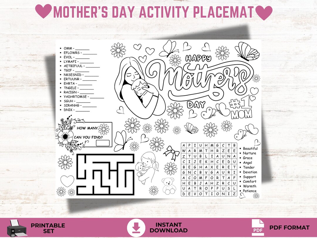 Mother’s Day Activity Placemat, Kids Coloring Page Crafts, Mother’s Day ...