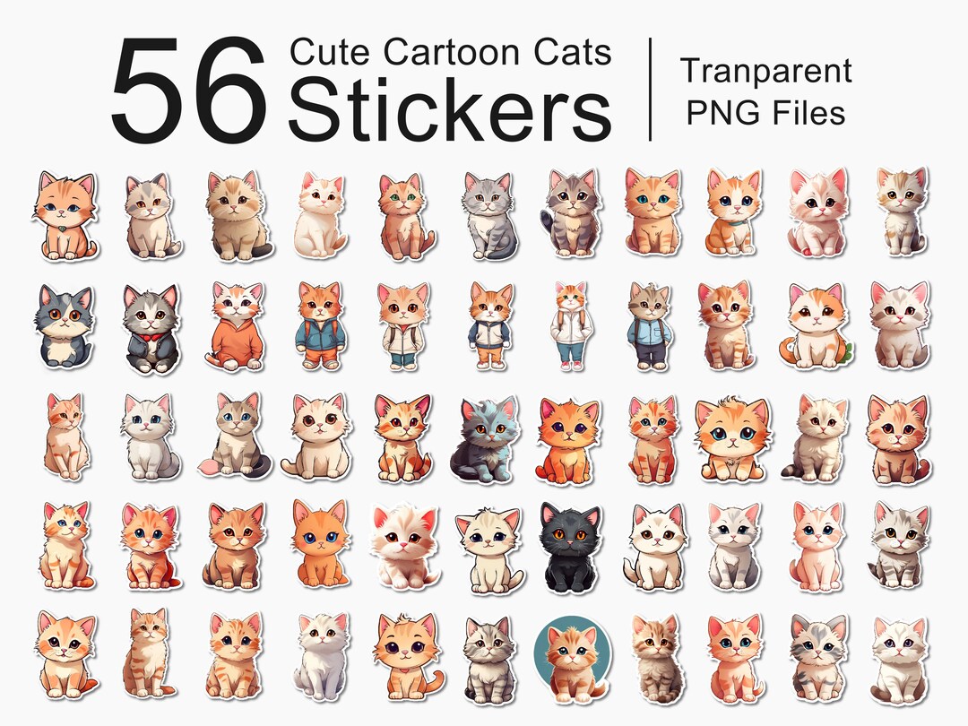 Cute Cat Clipart Digital Stickers Png Bundle, 56 Kawaai Cat Printable ...