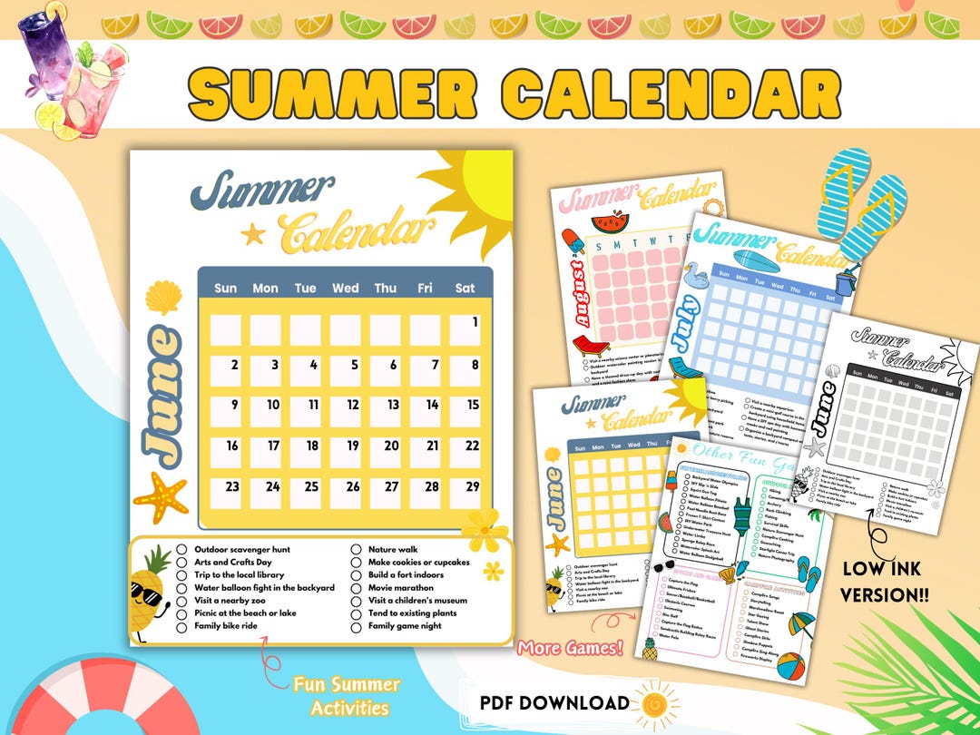 Printable Summer Calendar, Kids & Family Checklist, Summer Activities ...