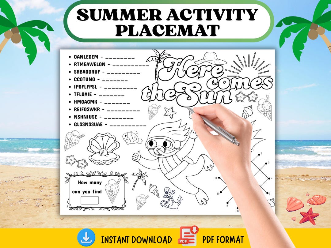 Summer Activity Placemat, Summer Coloring Placemat, Printable Summer ...