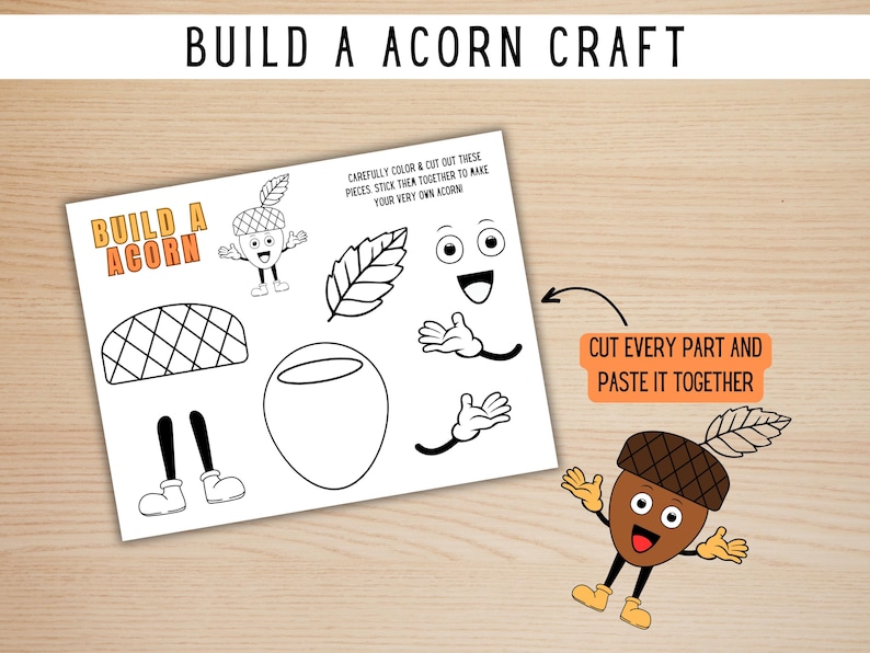 Acorn Cut & Paste Craft, Printable Fall Kids Activity, Autumn Woodland ...