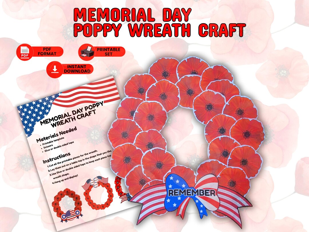 Memorial Day Poppy Wreath Craft, Printable Poppy Craft Kids Cut & Paste ...