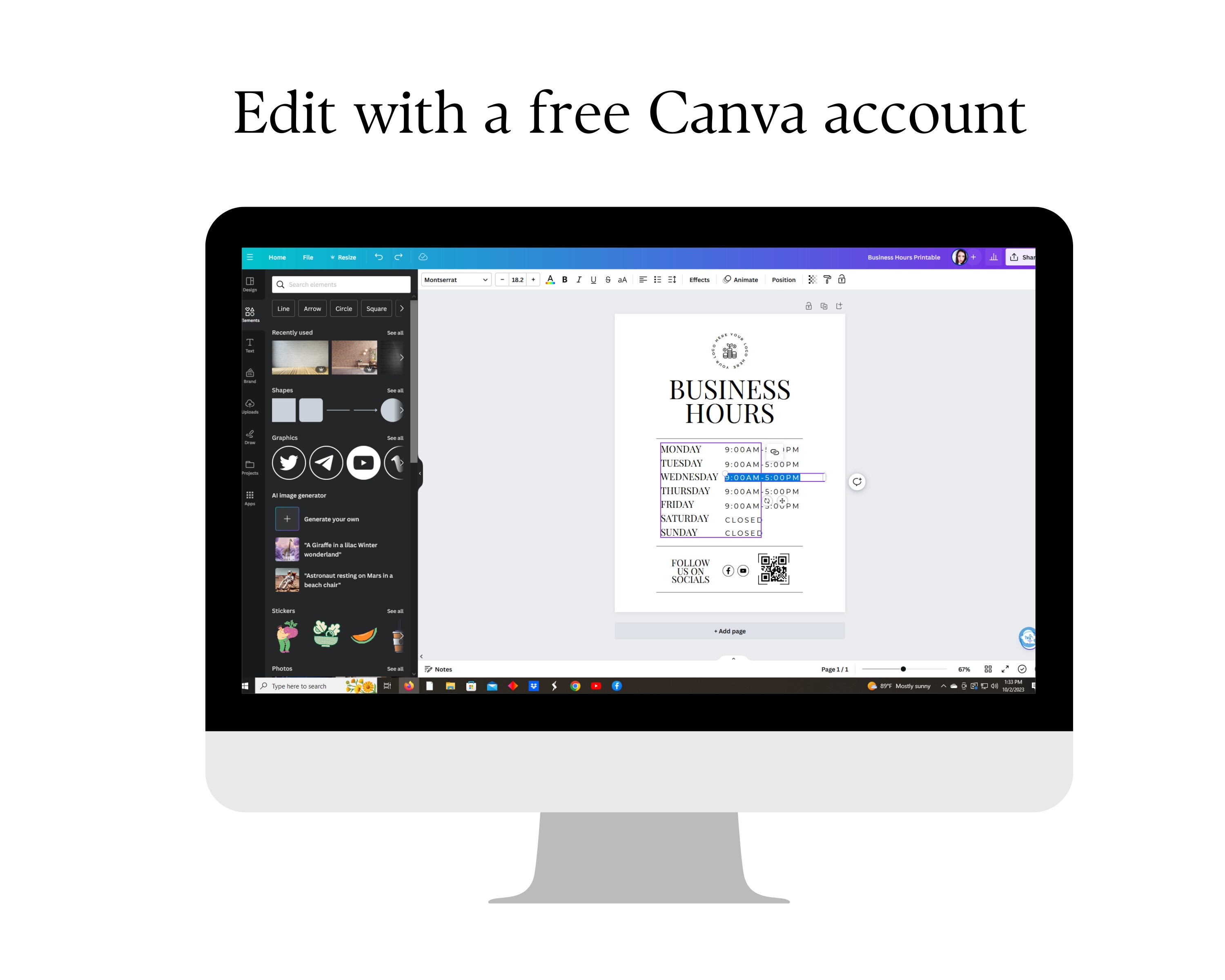Business Hours Sign Editable Template, Printable Small Business Sign ...