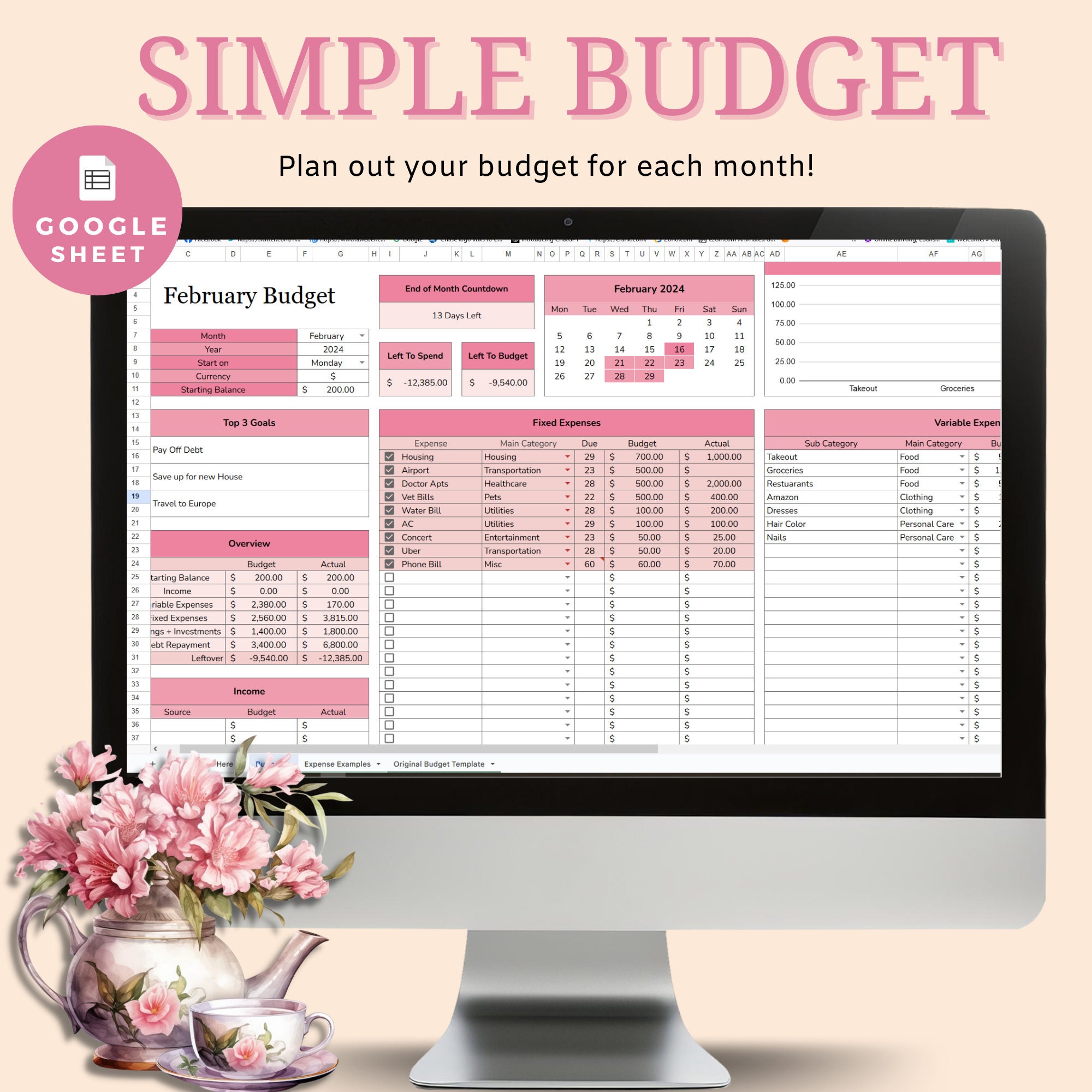 Monthly Budget Google Sheets, Simple Budget Spreadsheet, Google Sheets ...