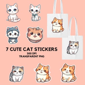 Cute Cat Clipart Digital Stickers Png Bundle, Kawaai Cat Printable ...