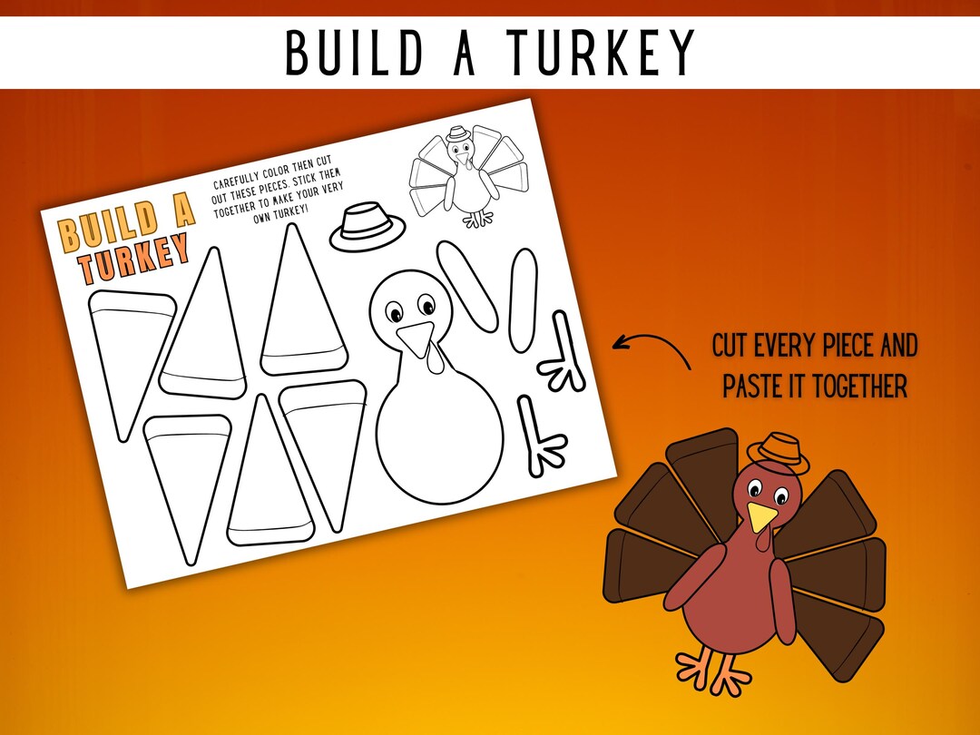 Build a Turkey Cut & Paste Craft, Fall Kids Craft, Autumn Activity ...