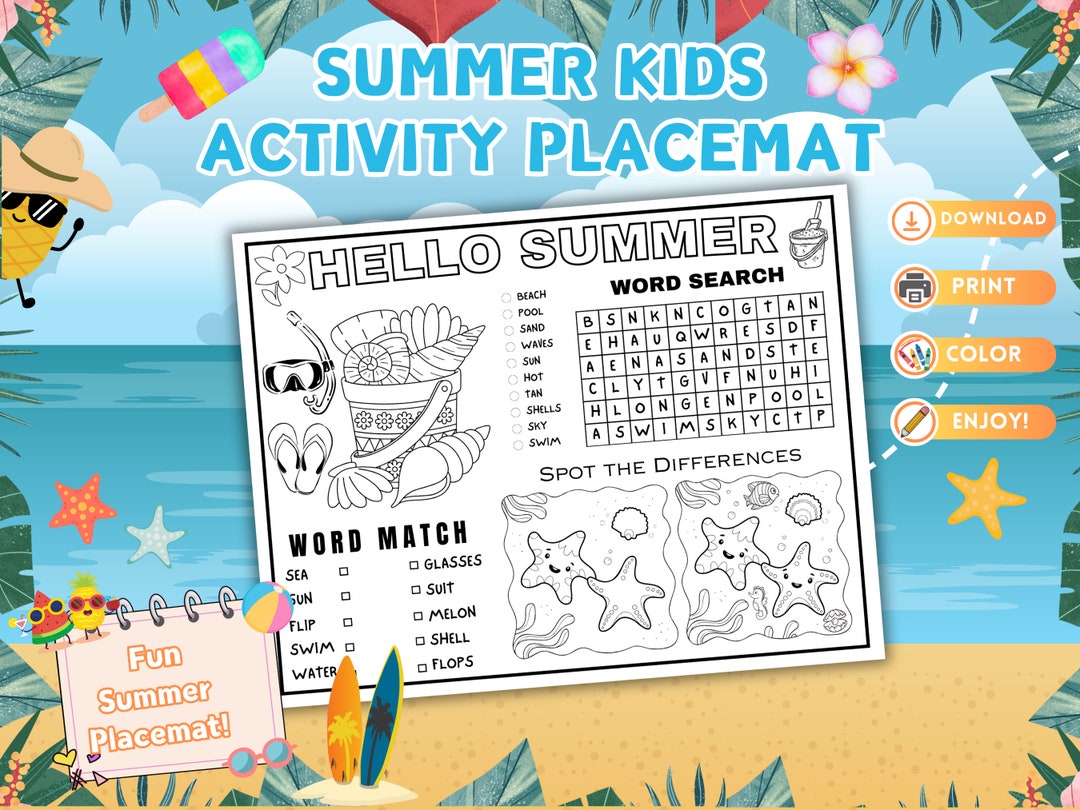 Kid's Summer Activity Placemat, Summer Coloring Page Craft, Summer ...