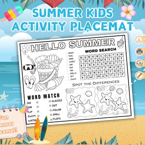 Kid's Summer Activity Placemat, Summer Coloring Page Craft, Summer ...