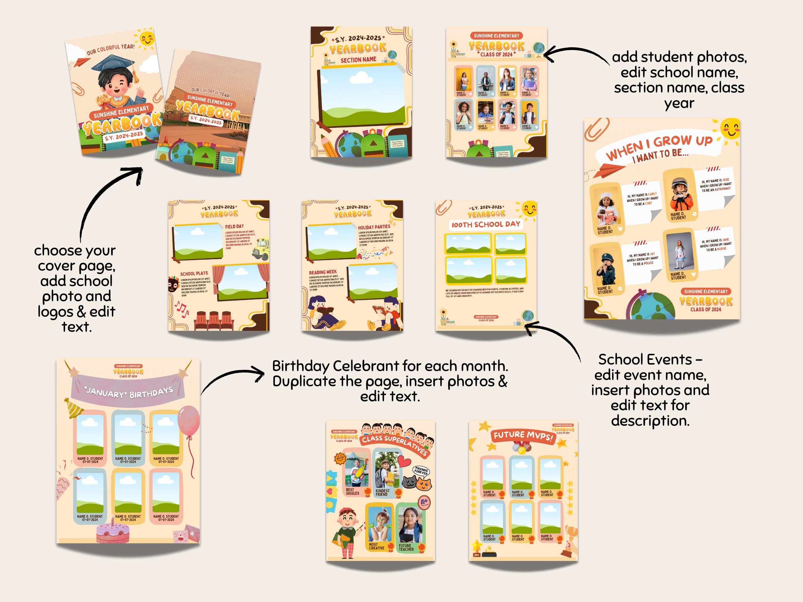 Elementary Yearbook Template, Editable Canva Yearbook, School Memory ...