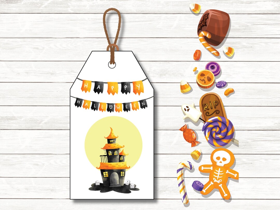 Happy Halloween Gift Tag Printable, Halloween Haunted House Gift Tag ...