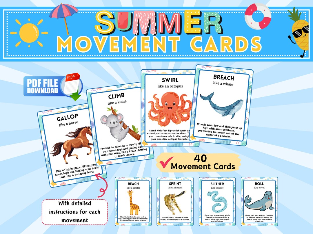 Summer Movement Cards, Animal Movement Cards Movement Cards for Kids ...
