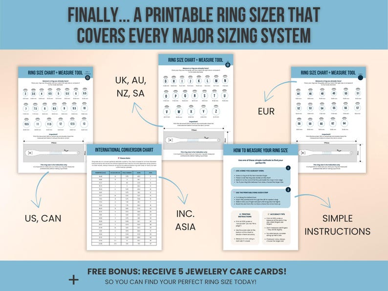 Printable Ring Size Chart and Measuring Tool, International Ring Sizer ...