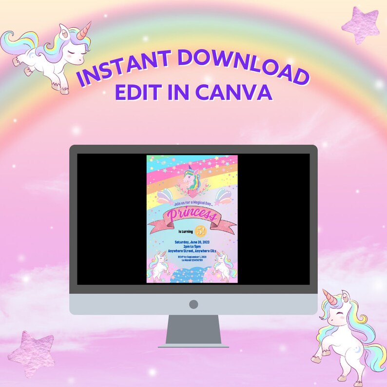 Unicorn Birthday Party Invitation Editable Rainbow Unicorn Party Invite ...