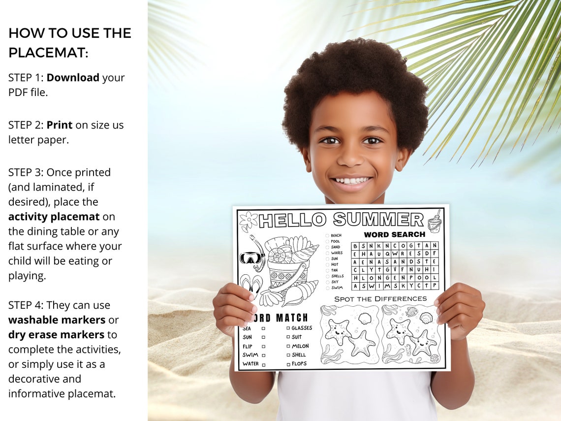 Kid's Summer Activity Placemat, Summer Coloring Page Craft, Summer ...