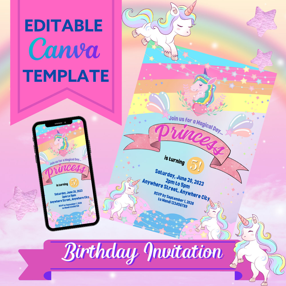 Unicorn Birthday Party Invitation Editable Rainbow Unicorn Party Invite ...