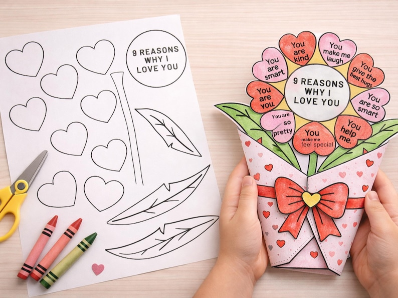 Valentine's Day Heart Bouquet Craft, Kids Printable Activity, Reasons I ...