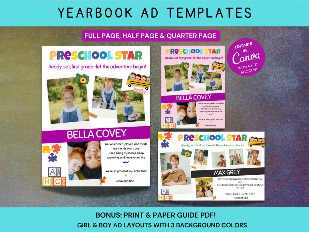 Preschool Yearbook Graduation Ad Template, Full Half or Quarter Page ...