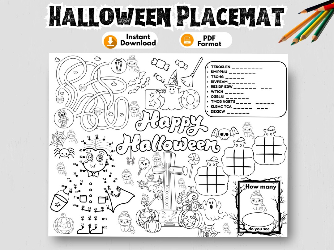 Happy Halloween Coloring Placemat, Halloween Kids Activity Sheet ...