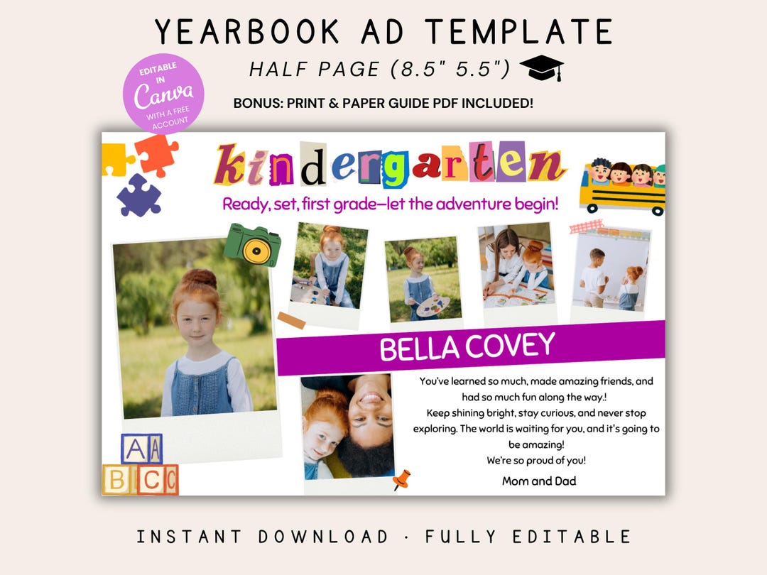 Editable Kindergarten Graduation Yearbook Ad, Half Page School Tribute ...