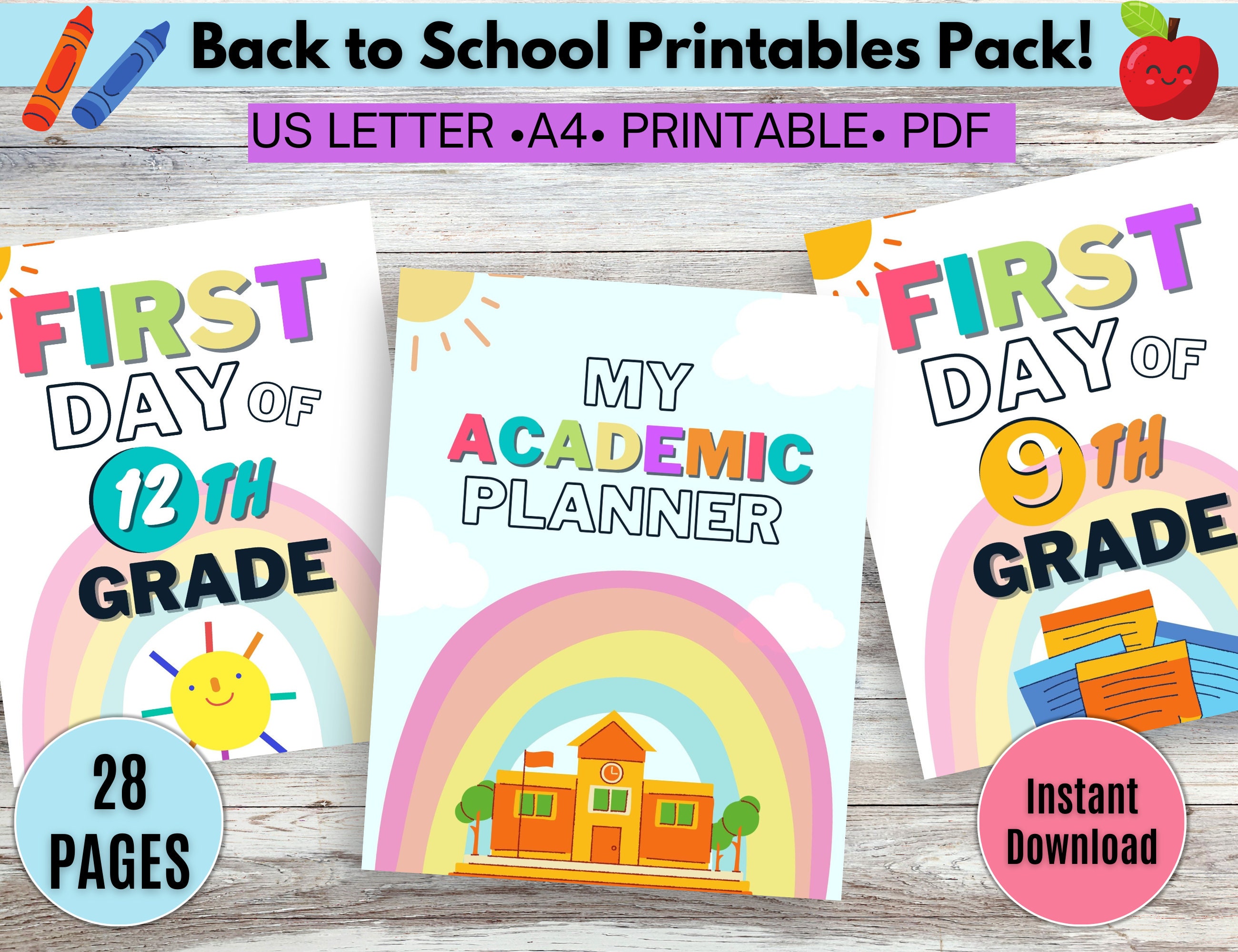 First Day School Sign Printable Bundle Academic Goal Planner Assignment ...