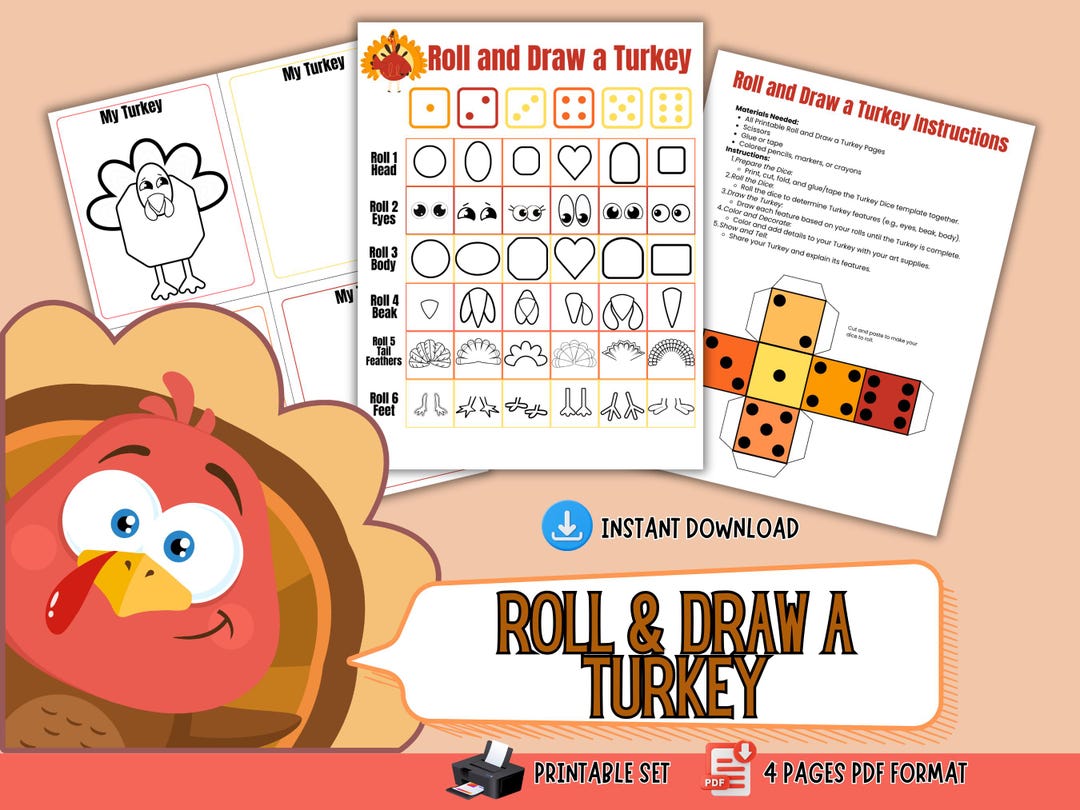 Roll & Draw a Turkey Printable, Thanksgiving Party Activity ...