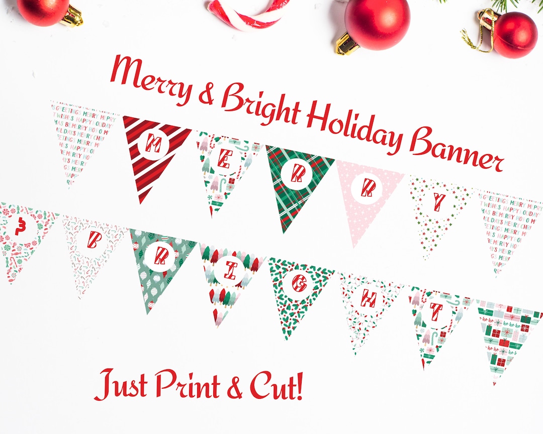 Printable Merry Christmas Banner, Merry & Bright Banner, Holiday Party ...