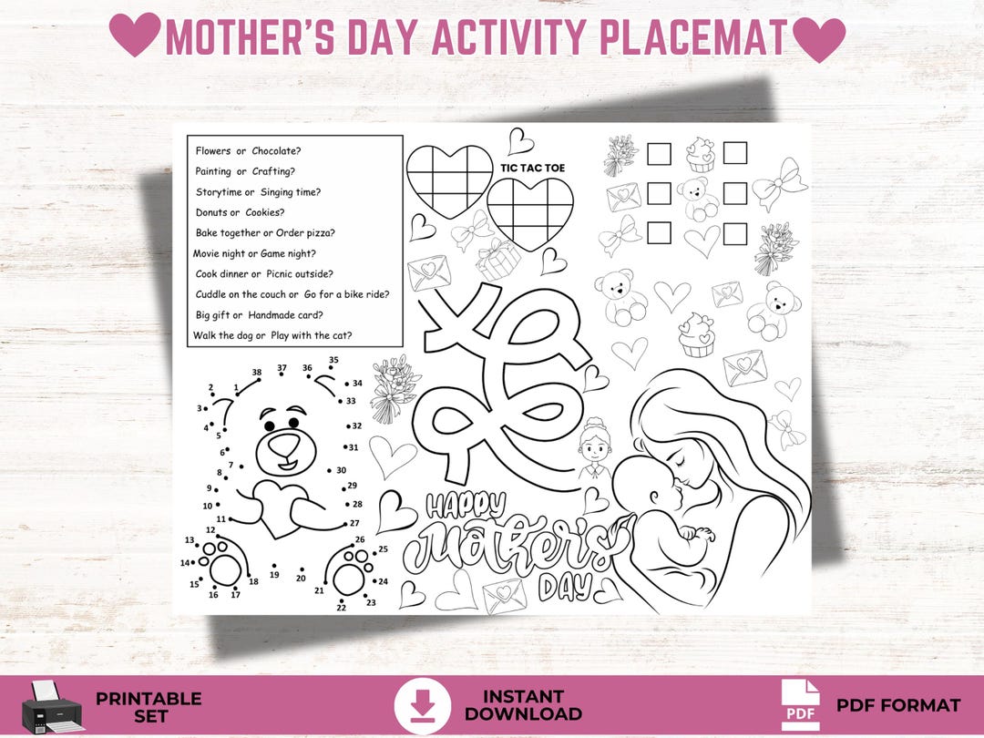 Happy Mother’s Day Placemat Printable, Kids Coloring & Activity Sheet ...