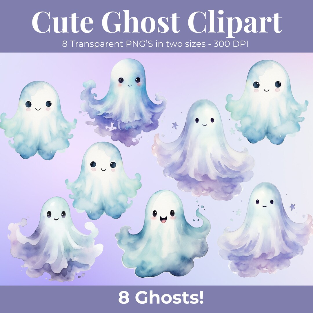 Halloween Cute Ghosts Clipart Bundle, Kawaii Ghosts, Watercolor Kids ...