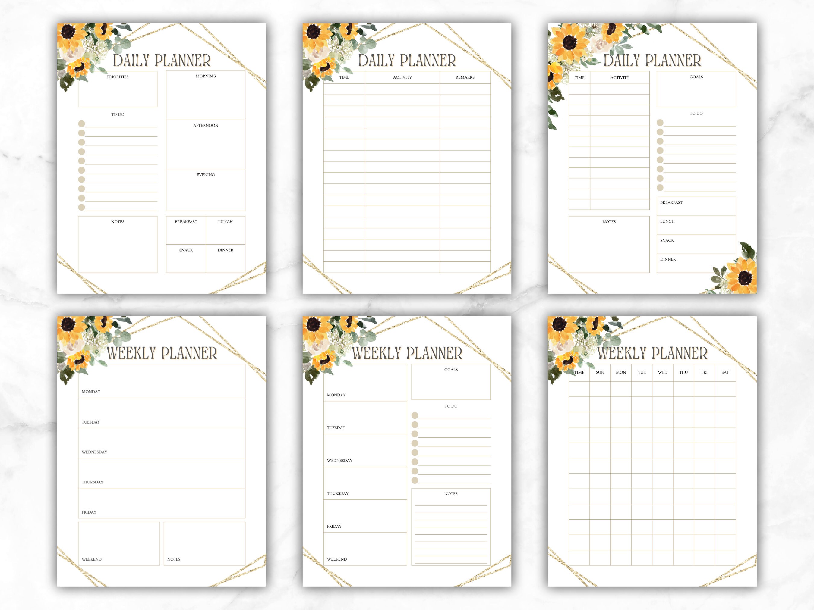 2024 Printable Calendar & Planner Bundle, Sunflower Daily and Weekly ...