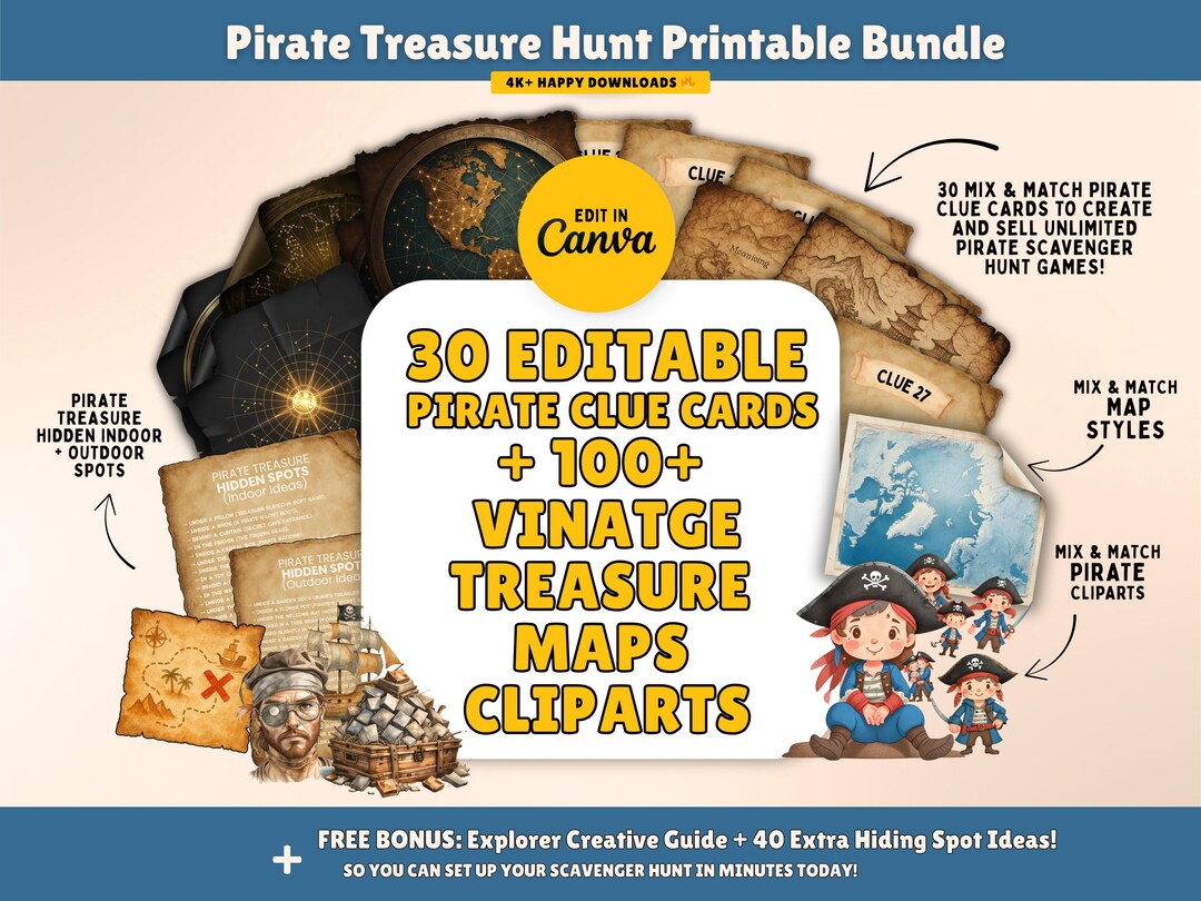 Pirate Treasure Hunt Printable Bundle, Editable 30 Clue Cards, 100 ...