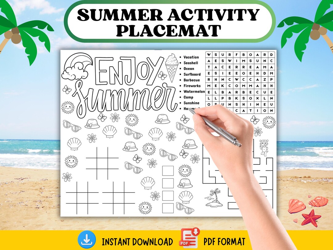 Printable Summer Activity Placemat, Summer Coloring Craft, Summer Kids ...