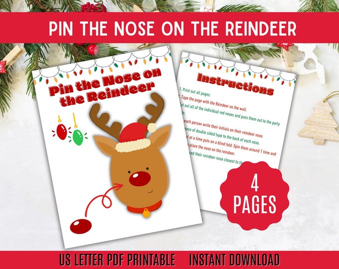 Pin the Nose on Rudolph, Christmas Printable Game, School and Family ...