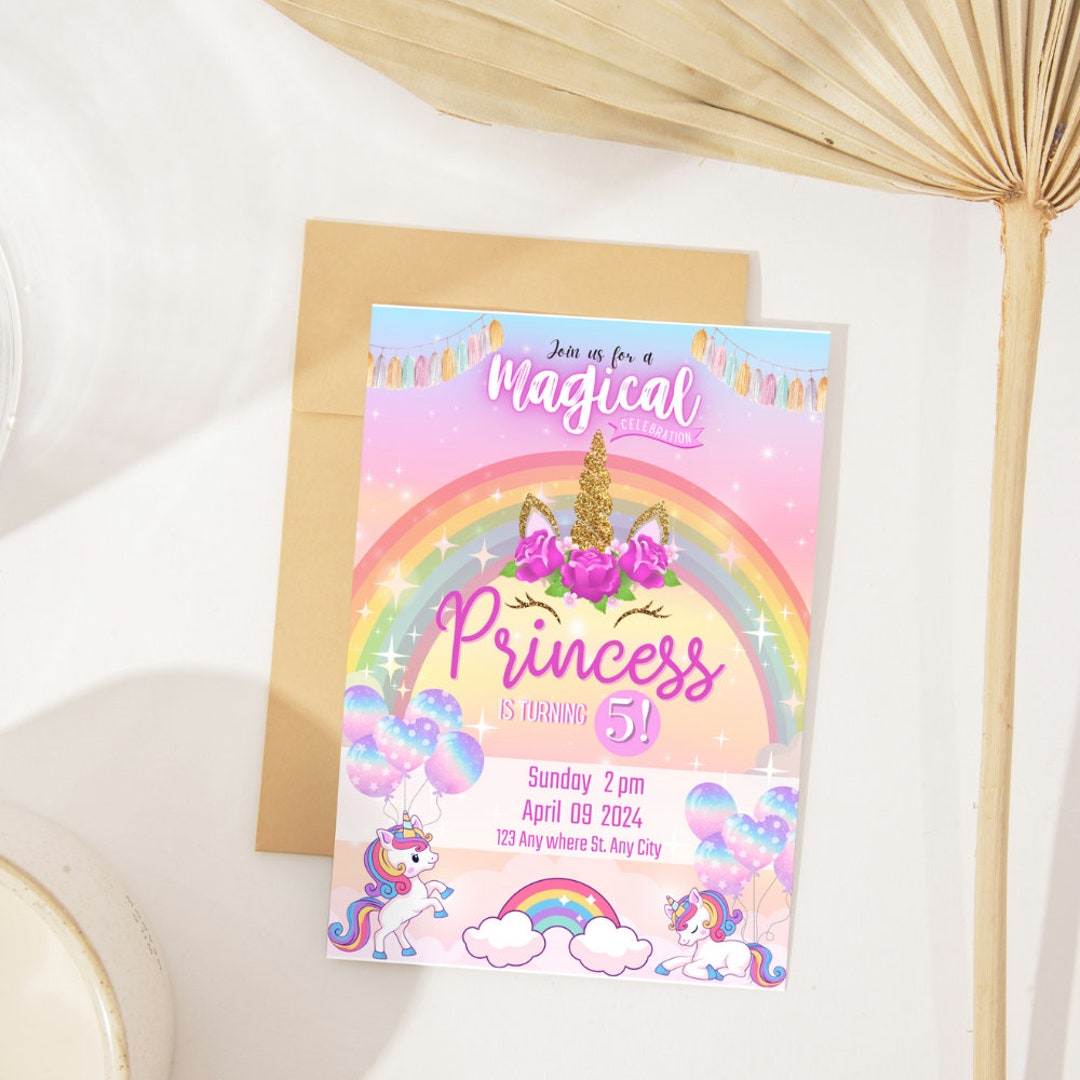 Unicorn Birthday Party Invitation Editable Rainbow Unicorn Party Invite ...