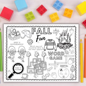 Fall Activity Placemat, Printable Fall Coloring Placemat, Fall Activity ...