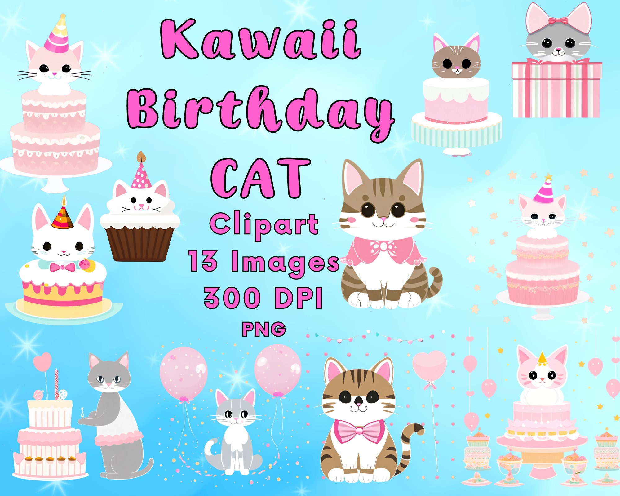 Kawaii Cat Birthday Clipart Set Commercial Use Cat-themed - Etsy