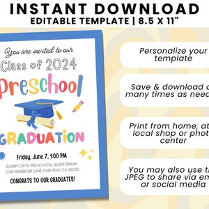 Preschool Graduation Invitation Editable Template, Pre-k Kindergarten ...