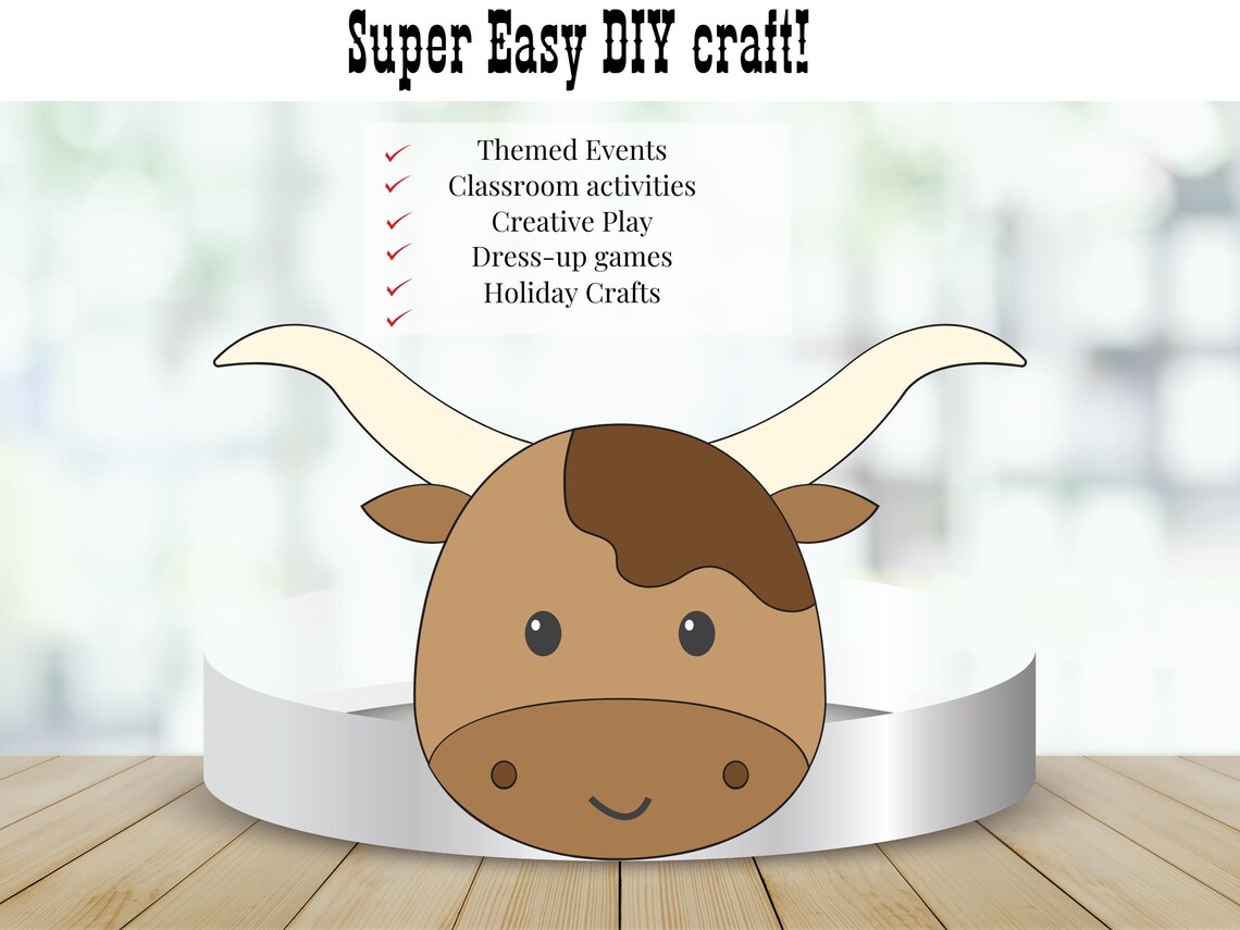 Longhorn Hat Paper Crown Craft, Cow Paper Crown Template, Wild West ...