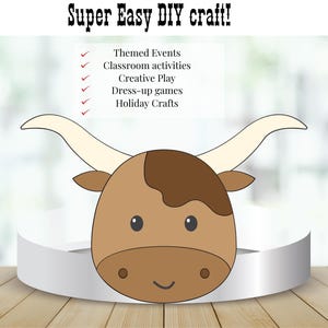 Longhorn Hat Paper Crown Craft, Cow Paper Crown Template, Wild West ...