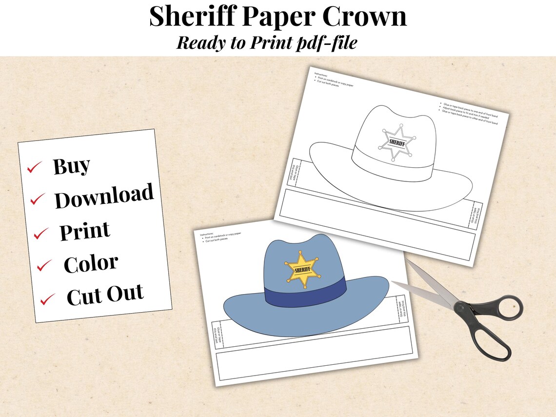 Sheriff Hat Paper Crown, Coloring Page Craft Printable Kids Paper Craft ...