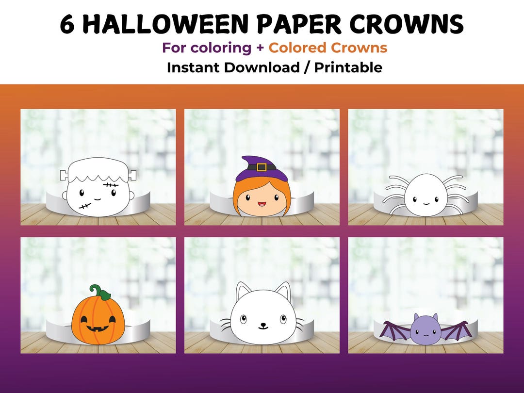 Halloween Paper Crown Bundle, Witch Cat Paper Crown, Frankenstein Crown ...