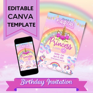 Unicorn Birthday Party Invitation Editable Rainbow Unicorn Party Invite ...