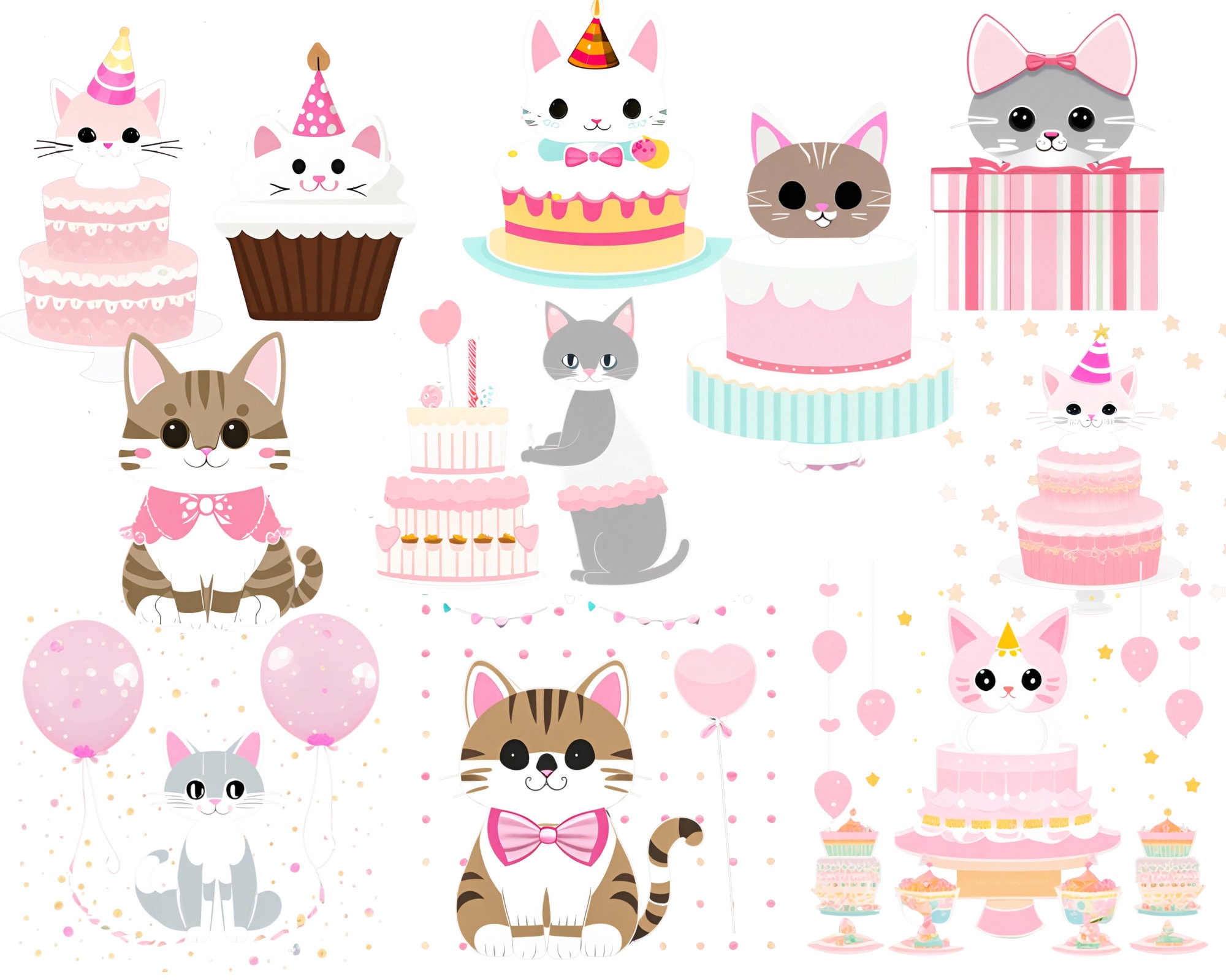 Kawaii Cat Birthday Clipart Set Commercial Use Cat-themed - Etsy