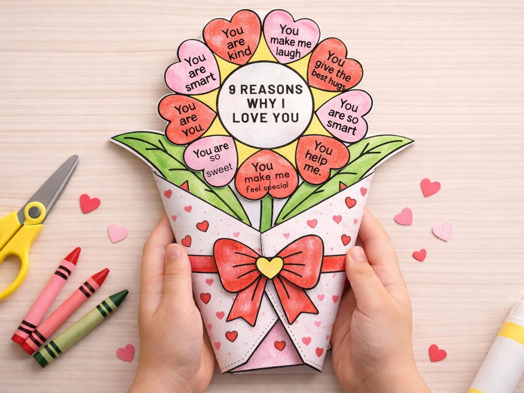 Valentine's Day Heart Bouquet Craft, Kids Printable Activity, Reasons I ...