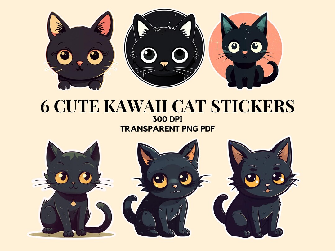 Black Kawaii Cat Printable Stickers, Cat Digital Stickers, Cute Black ...