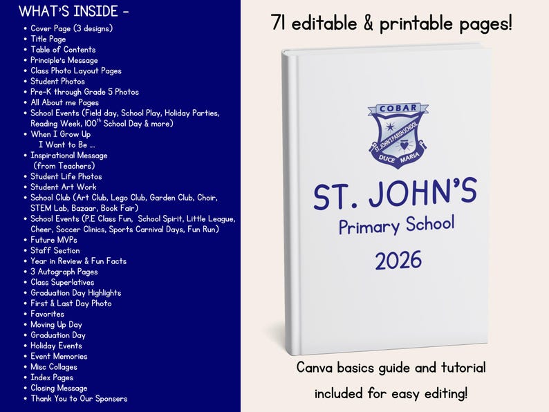 2026 Elementary School Yearbook Template – Editable Canva Class Memory ...