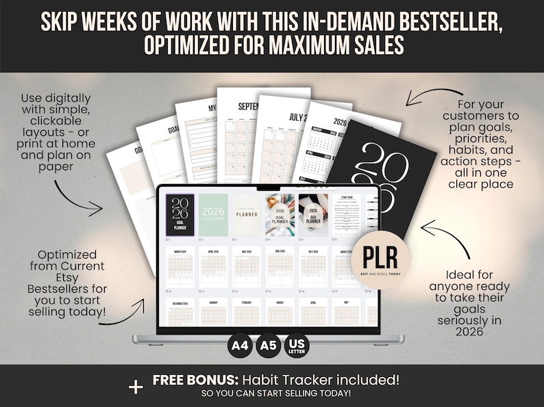 PLR Editable Goal Planner Bundle 2026, 100 Page Yearly Monthly Weekly ...
